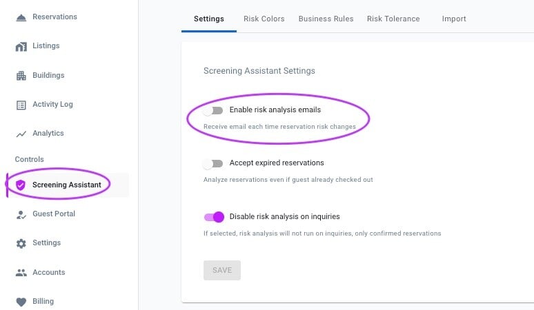 How can I disable or modify Screening AI risk summary notifications for new reservations?